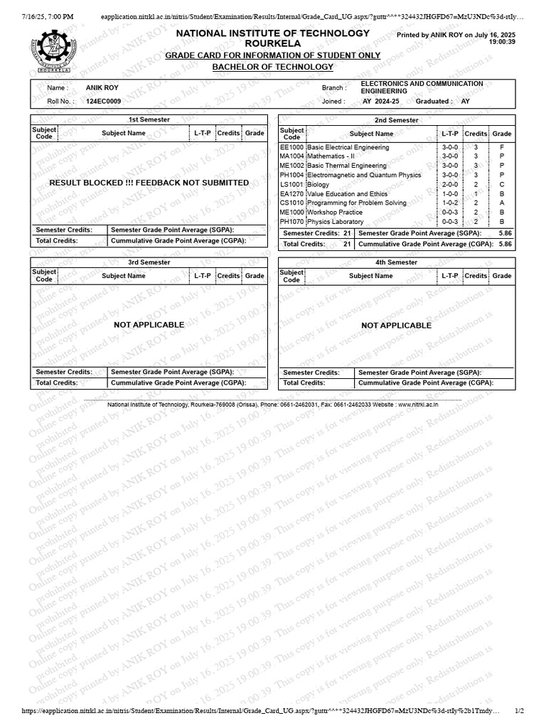 Eapplication.nitrkl.ac.in Nitris Student Examination Results Internal ...