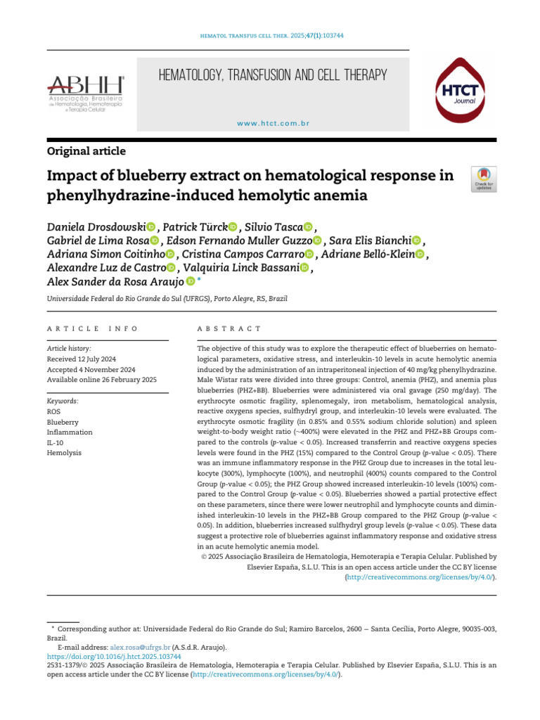 Impact of Blueberry Extract On Hematological Response in Phenylhydrazine-Induced Hemolytic ...