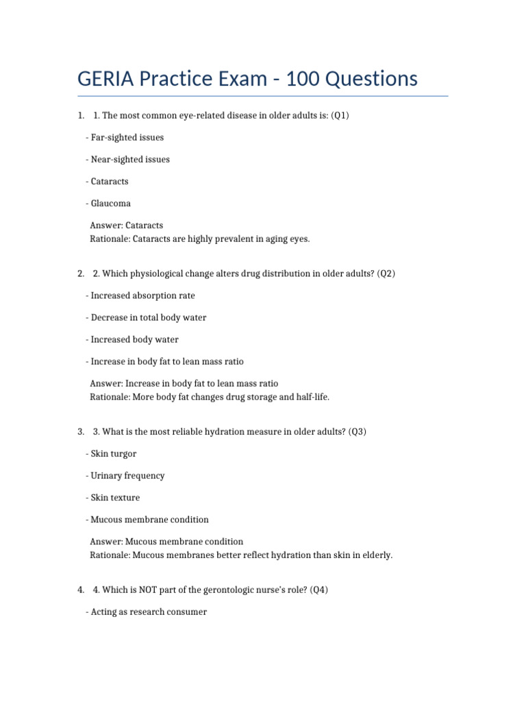 GERIA 100 Question Full Exam | PDF | Dehydration | Ageing