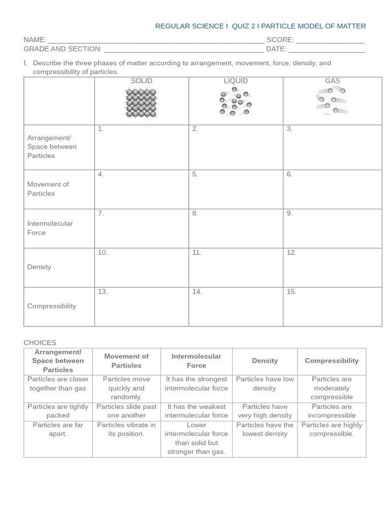 Regular Science I Quiz 2 I Particle Model of Matter | PDF | Gases | Liquids