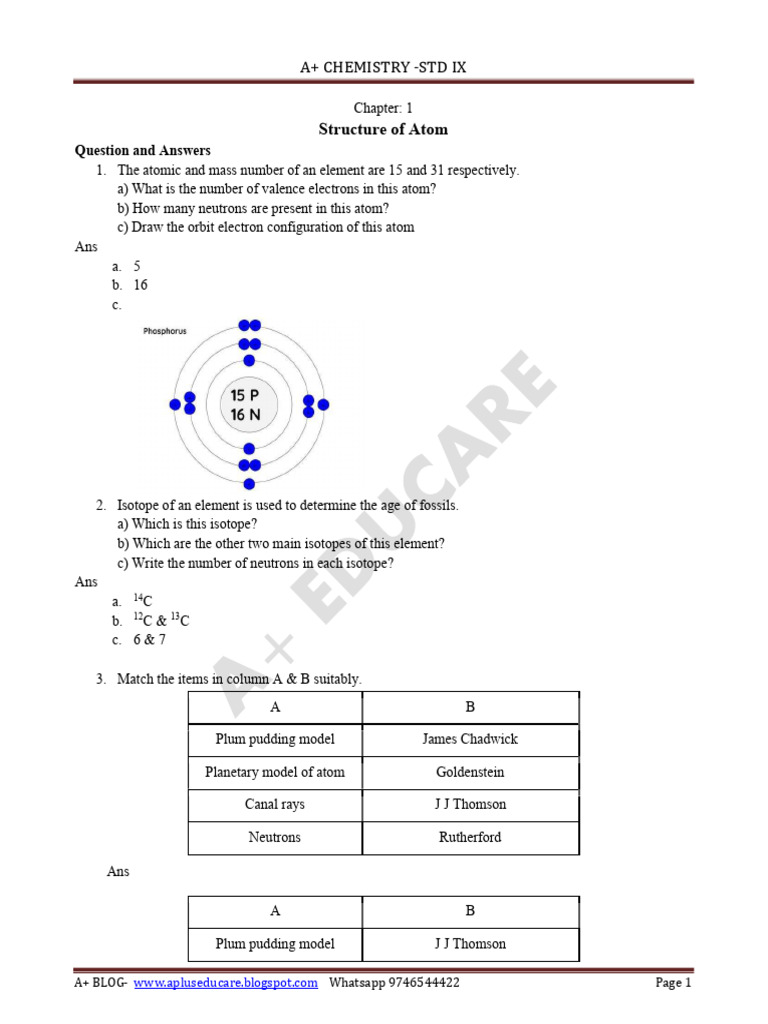 A+ Blog Class 9 Chemistry Chapter 1 Structure of Atom Questions ...