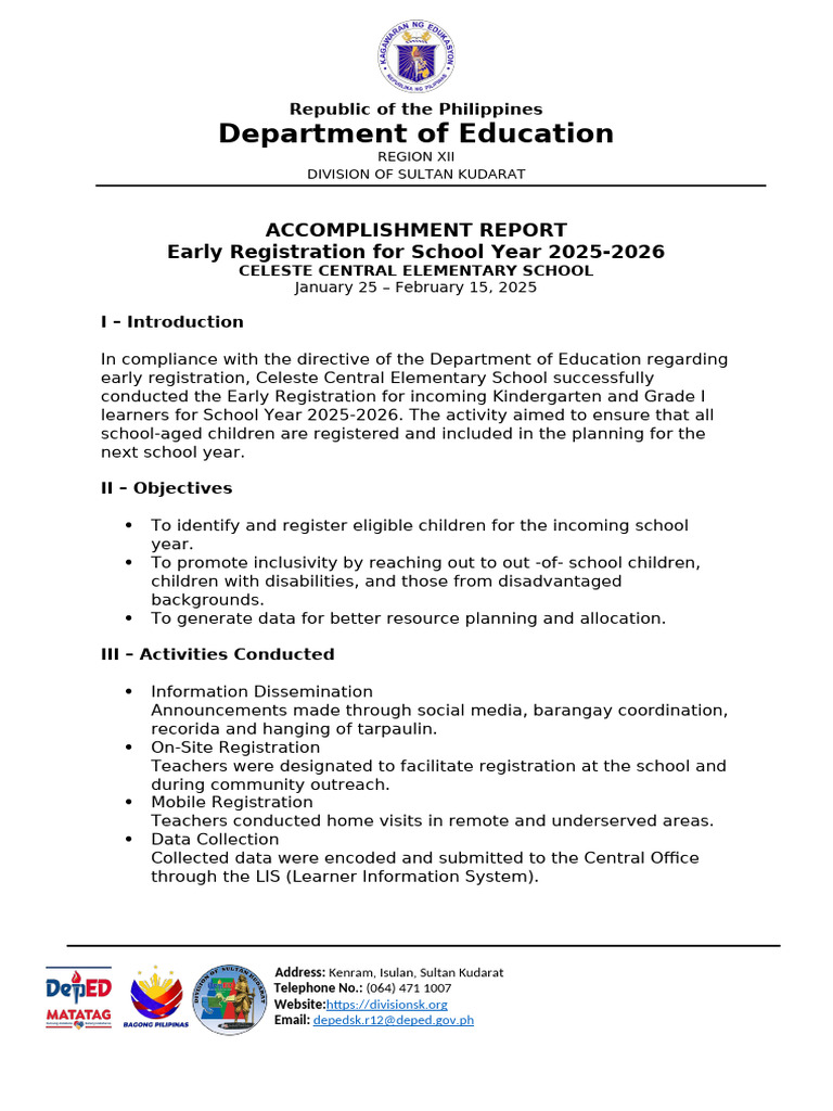 Early Registration Report SY 2025-2026 | PDF