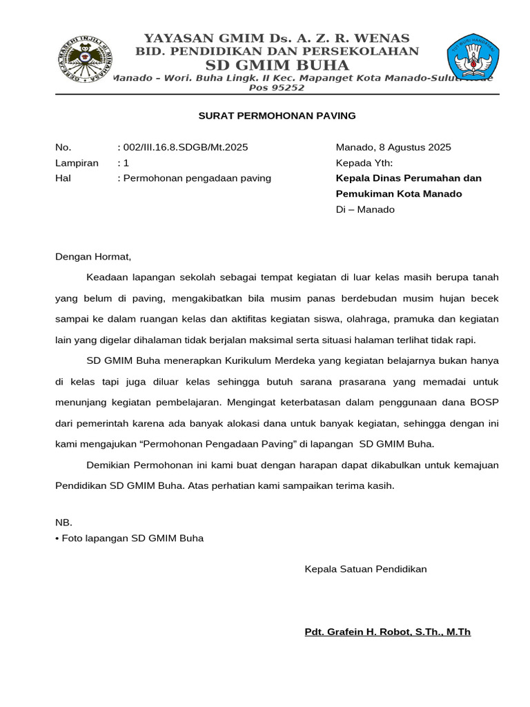 Permohonan Paving SD GMIM Buha Manado | PDF