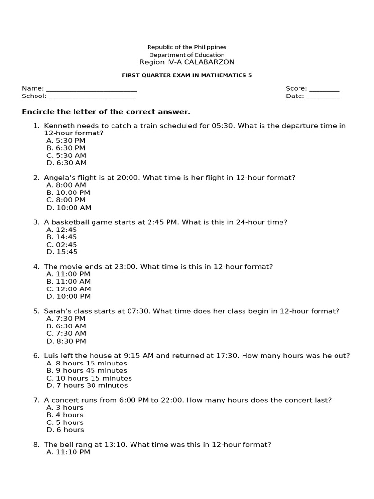G5 Qe 1 Math 2 | PDF | Area