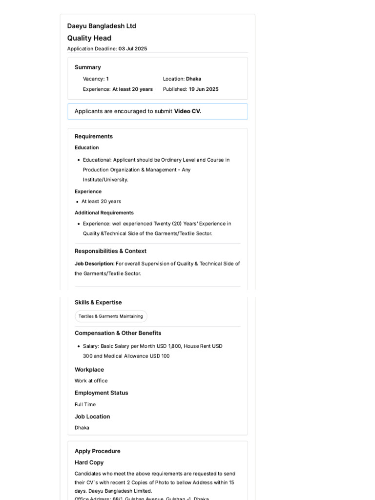 Quality Head - Daeyu Bangladesh LTD | PDF