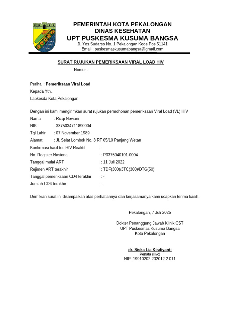 Surat Rujukan Pemeriksaan Viral Load HIV | PDF