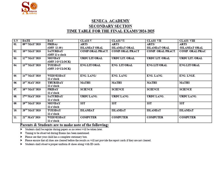 Grade 12 Final Exam Timetable 2025 | PDF