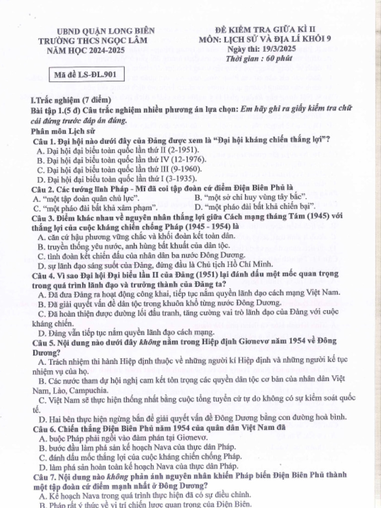 De Giua Hoc Ki 2 Lsdl 9 Nam 2024 2025 Truong Thcs Ngoc Lam Ha Noi | PDF