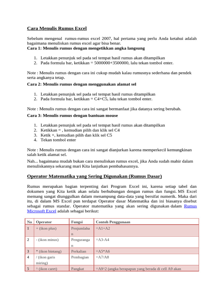 Cara Menulis Rumus Excel | PDF