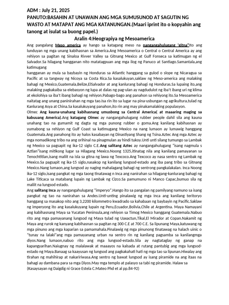 AP8 ADM JULY 21 Heograpiya NG Mesoamerica | PDF