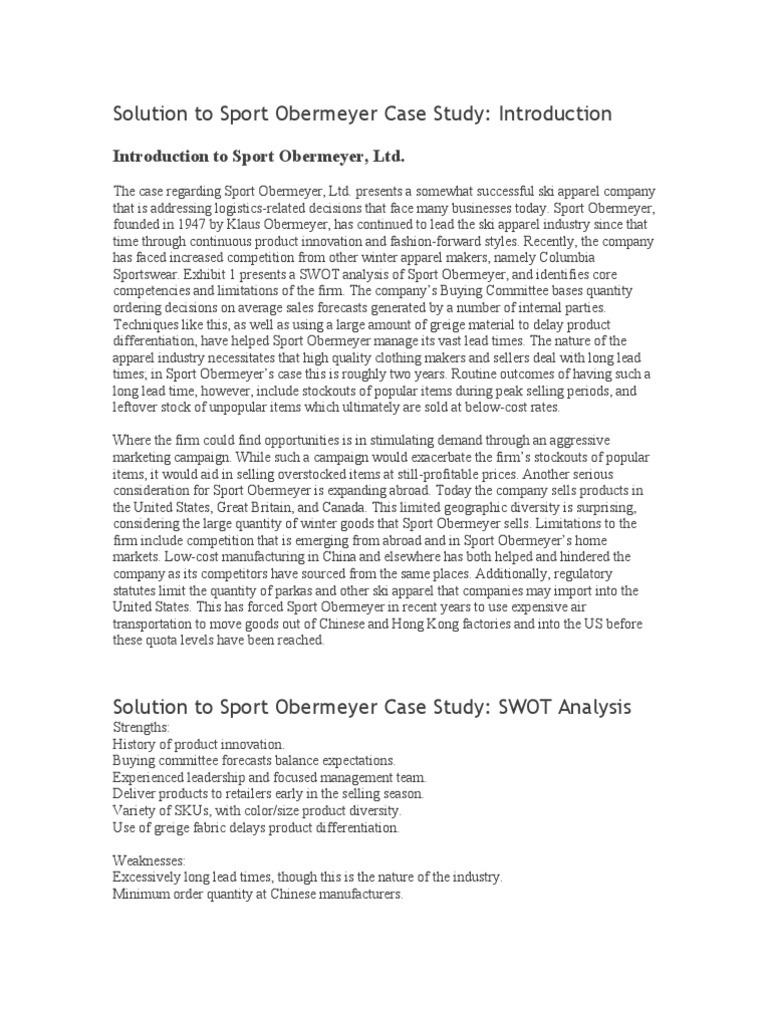 Sport Obermeyer Case Study Solutions | PDF | Sales | Supply Chain