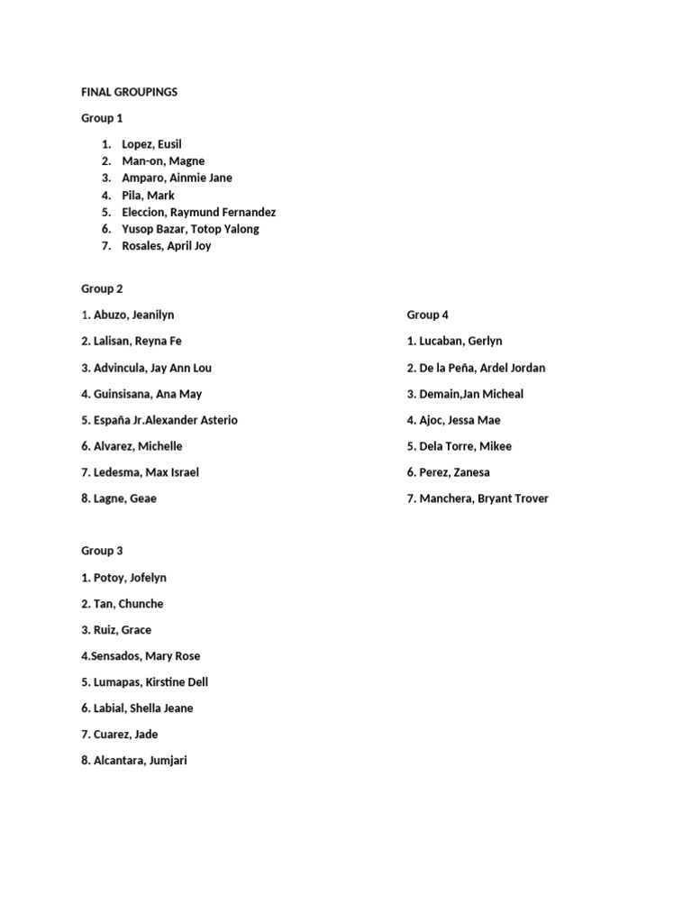 FINAL Groupings | PDF