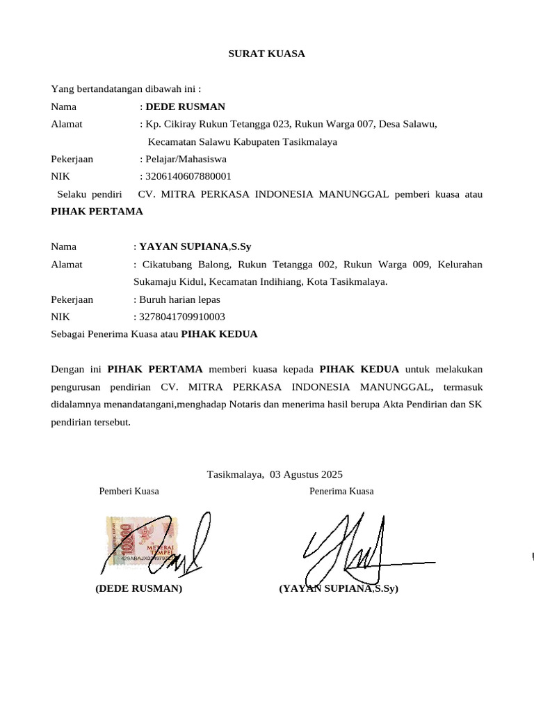 SURAT - KUASA CV Mitra Perkasa Indonesia Manunggal | PDF
