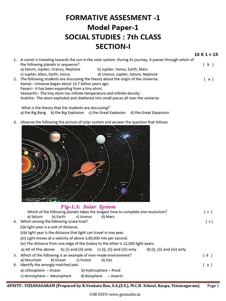 7th Class Social Studies Model Paper 2025 | PDF | Forests | Solar System
