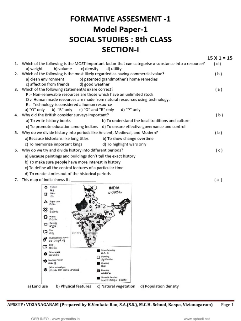 8th Class Social Studies FA1 Model Paper | PDF