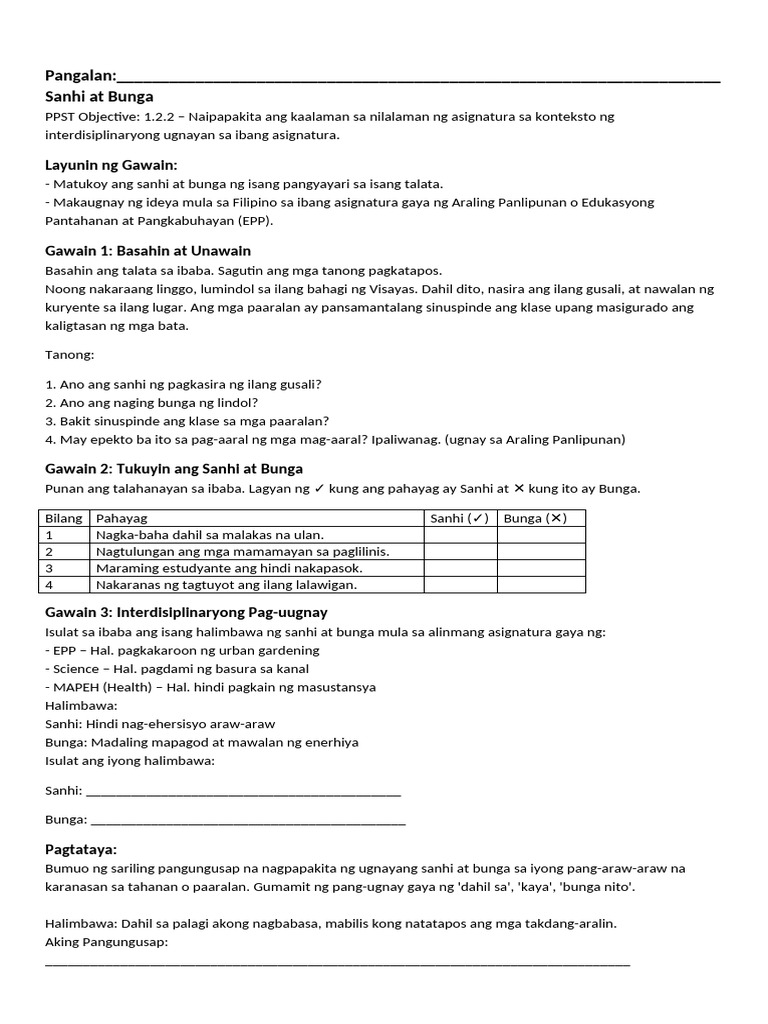 Activity Sheet Sanhi at Bunga PPST | PDF