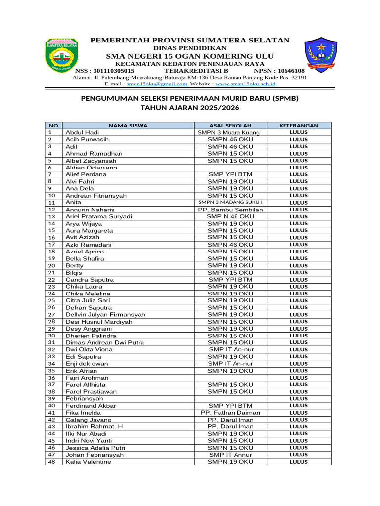 Pengumuman SPMB SMA Negeri 15 OKU | PDF