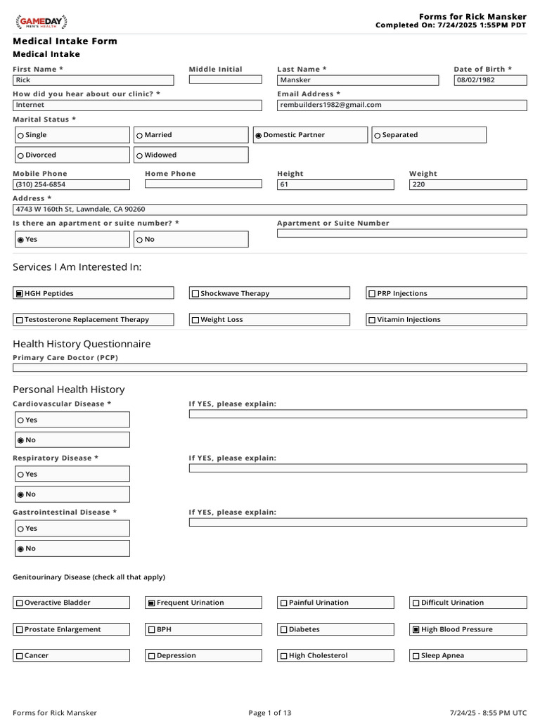 Medical Intake Form Medical Intake Form: Services I Am Interested in ...