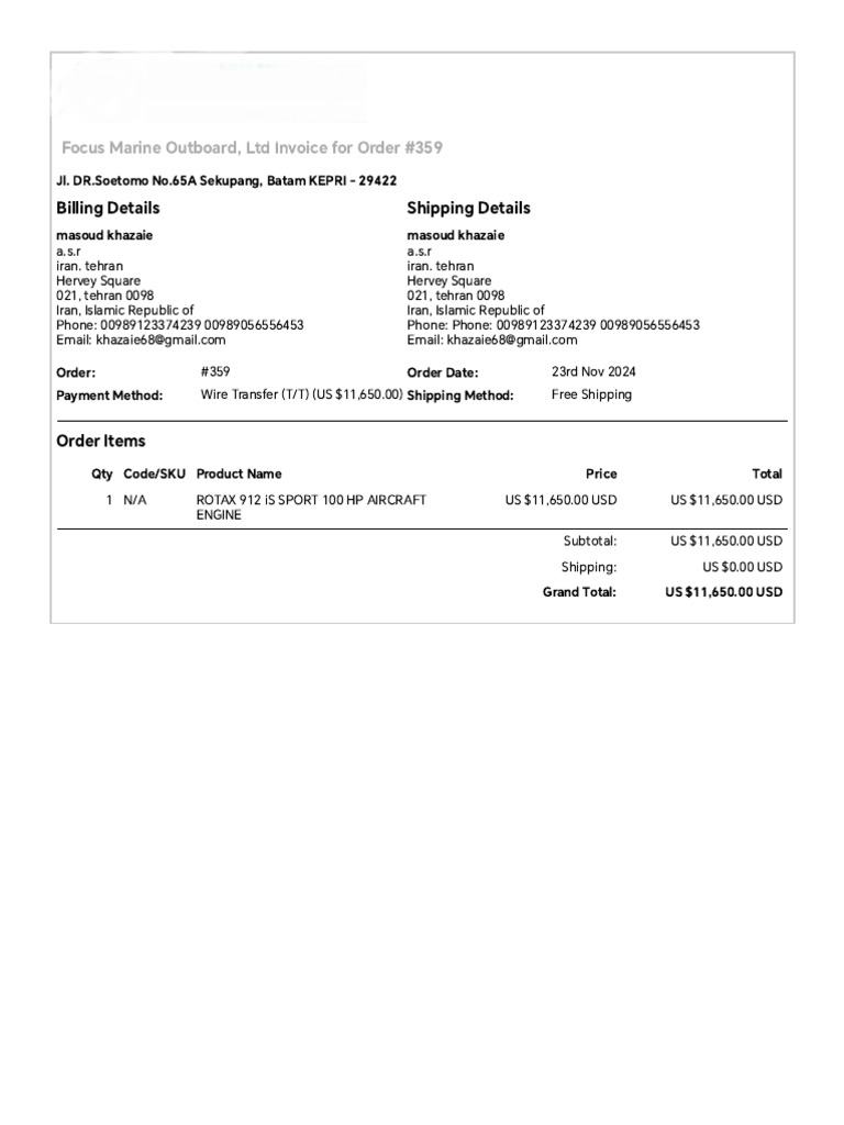 Focus Marine Outboard Invoice #359 | PDF