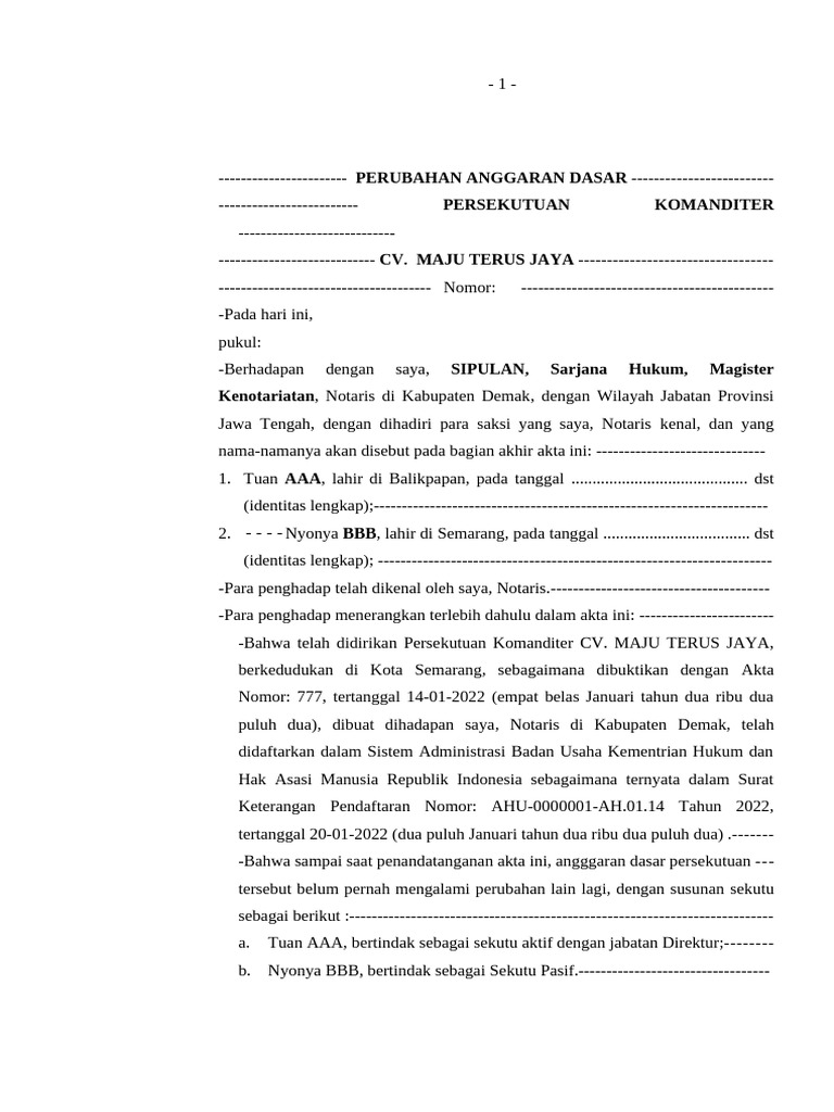 005 Draft Akta PAD CV (Ganti NIK Di AHU ) | PDF