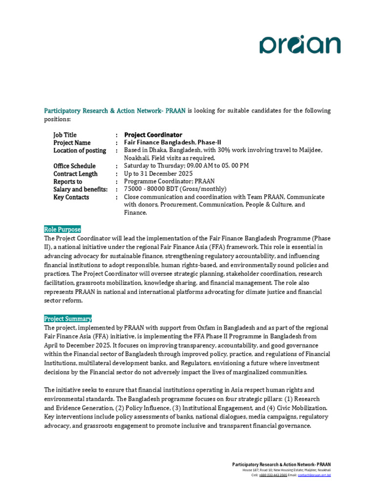 Project Coordinator Job Profile - Fair Finance Project | PDF ...
