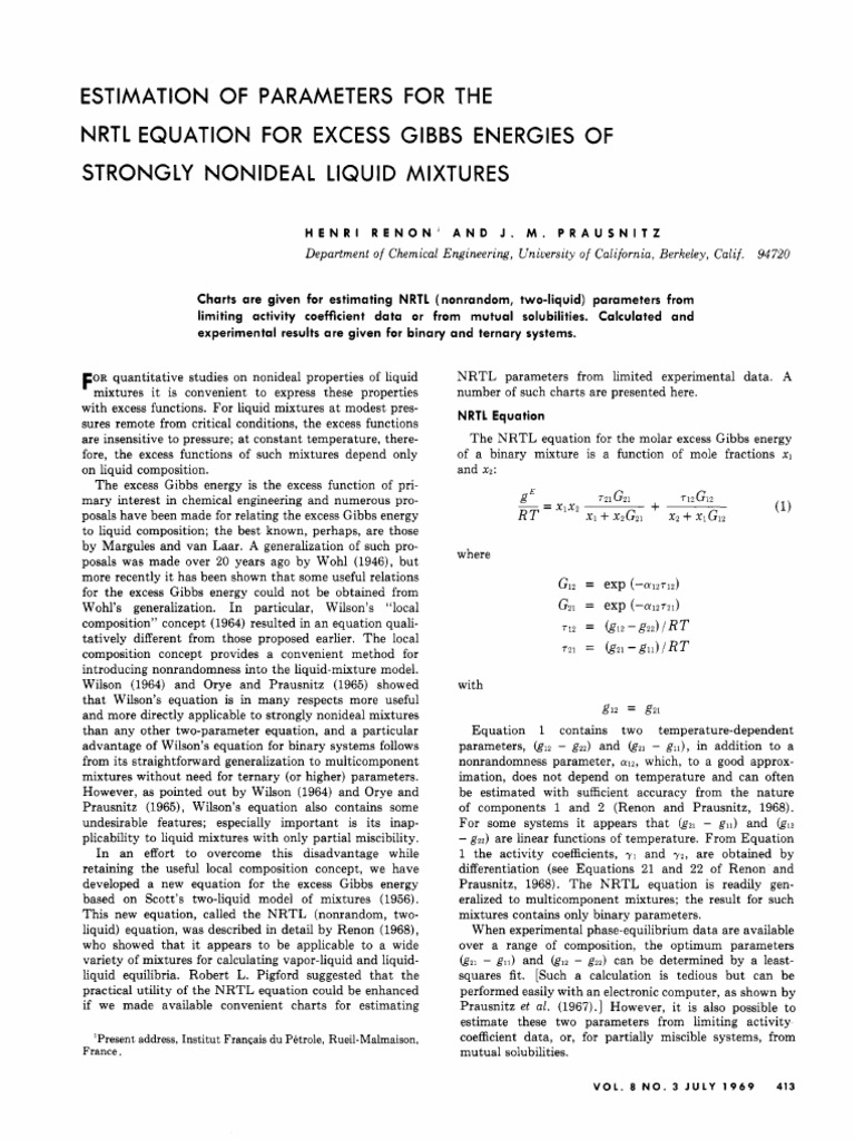 Estimation of Parameters for Nrtl | Continuum Mechanics | Thermodynamics