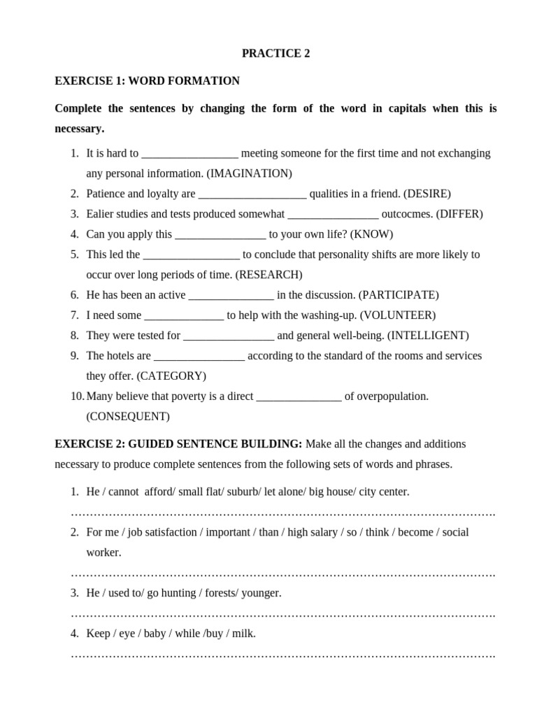 Word Formation and Sentence Building Exercises | PDF