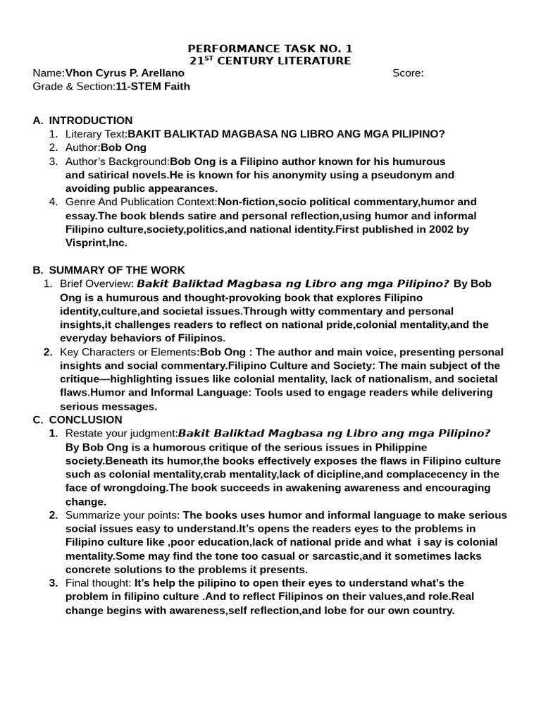 Critique of Bob Ong's Filipino Humor | PDF