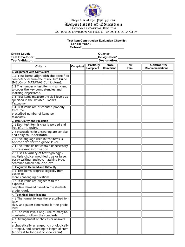 Test Item Evaluation Checklist Guide | PDF | Educational Assessment ...
