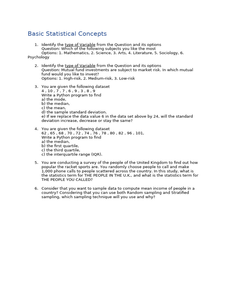Lesson 3 - Basic Statistical Concepts Q and A | PDF