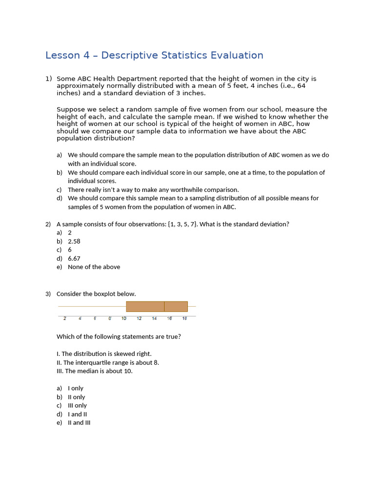 Lesson 5 - Descriptive Statistics Questions | PDF