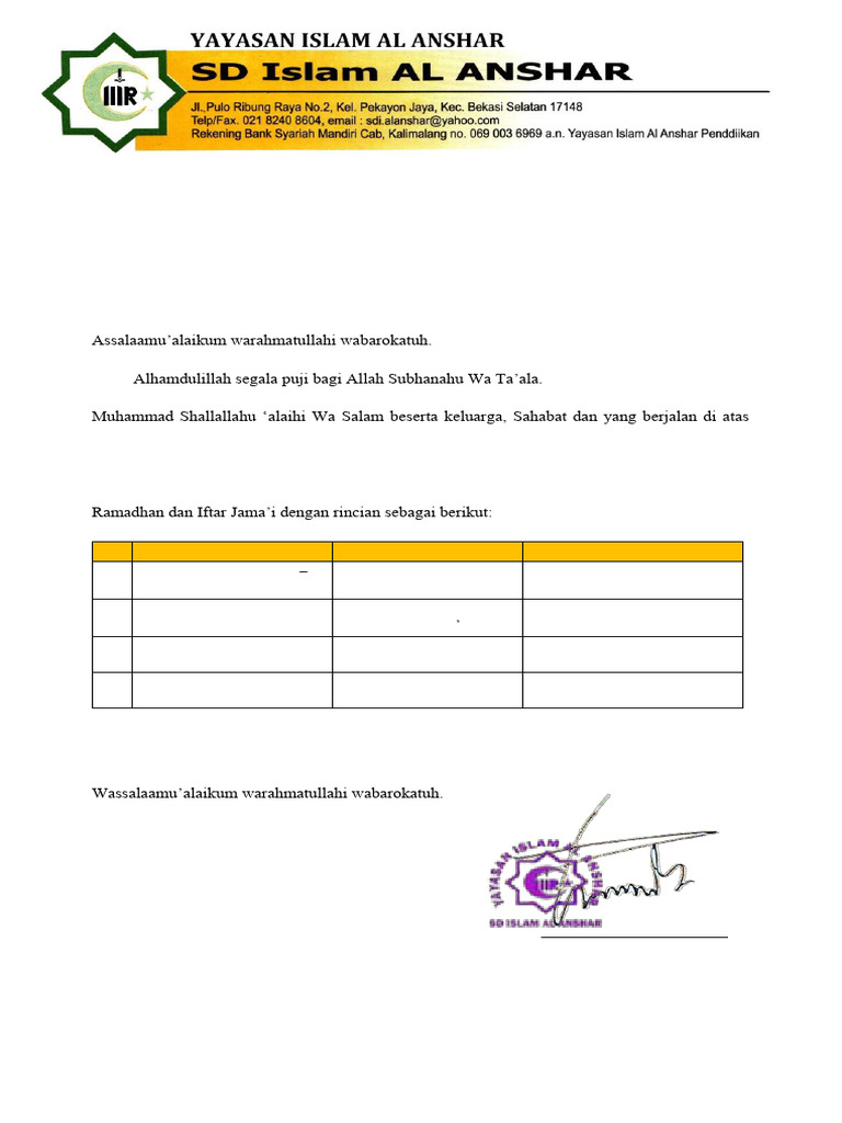 24 Surat Pemberitahuan Perubahan Jadwal Pesantren Ramadhan Dan Libur | PDF