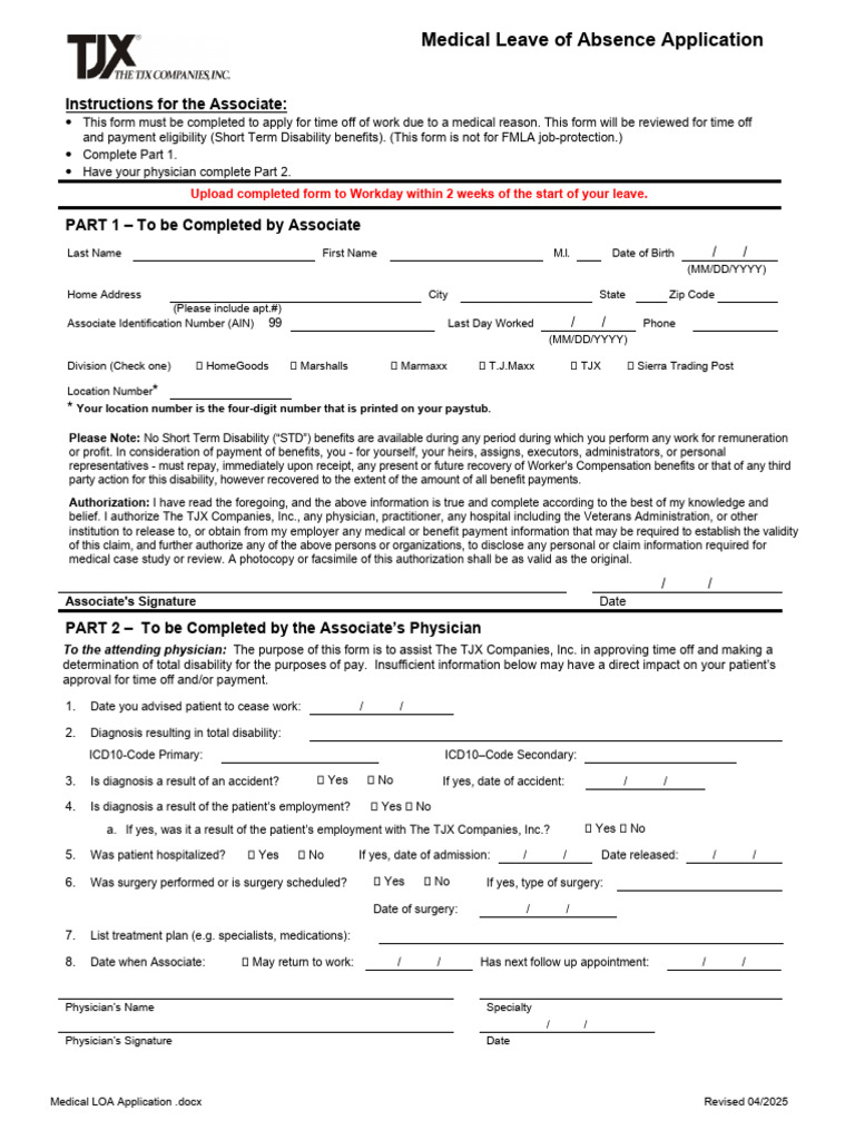 Medical Leave of Absence Application | PDF | Family And Medical Leave ...