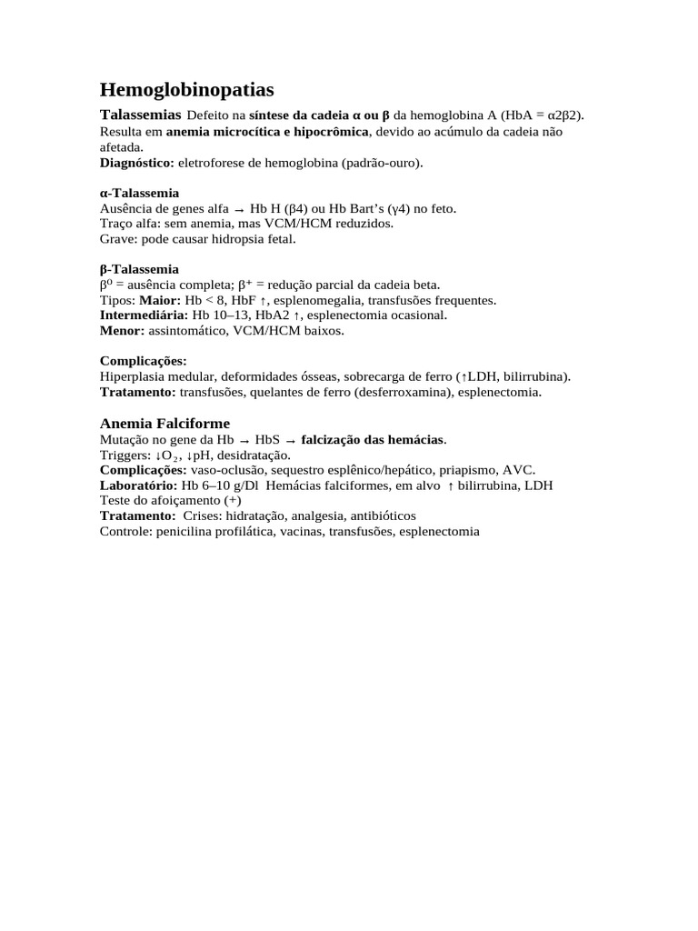 Hemoglobinopatias - RESUMO PROVA | PDF