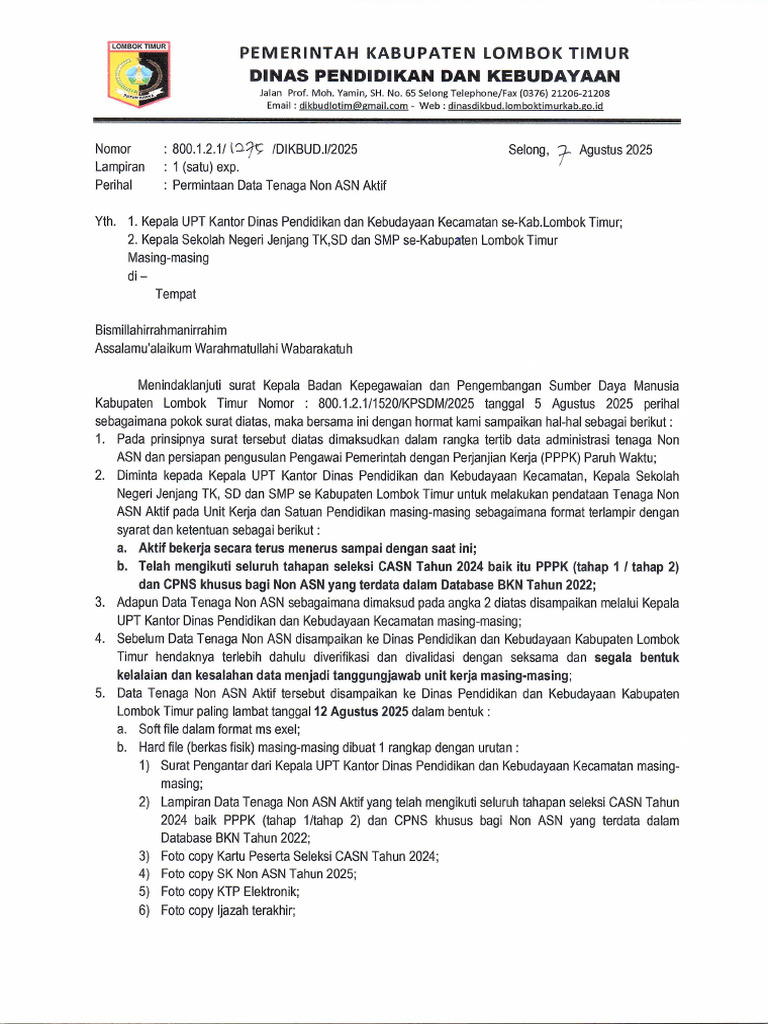 Surat Permintaan Data Non Asn Aktif-1 | PDF