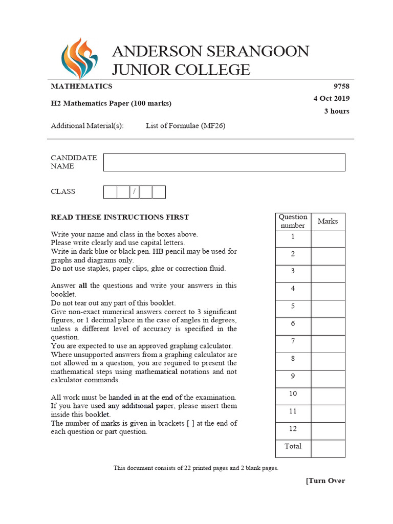2019 JC1 H2 Math (Promotion Exam) Anderson Serangoon Junior College ...