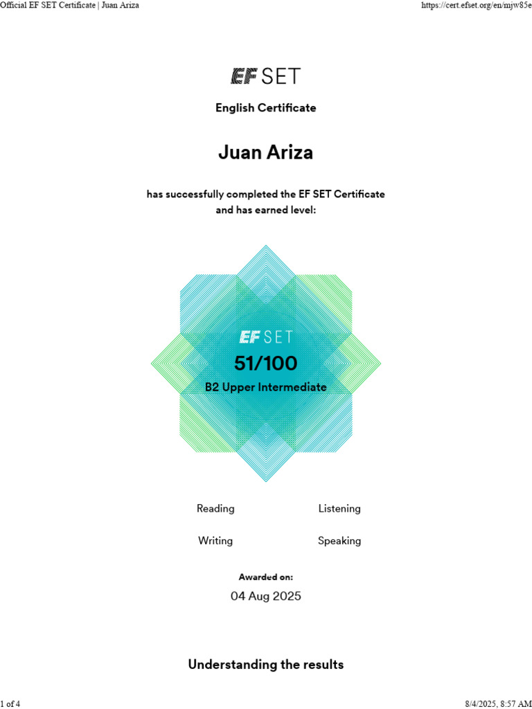 EF SET B2 Certificate for Juan Ariza | PDF | Learning | Cognition