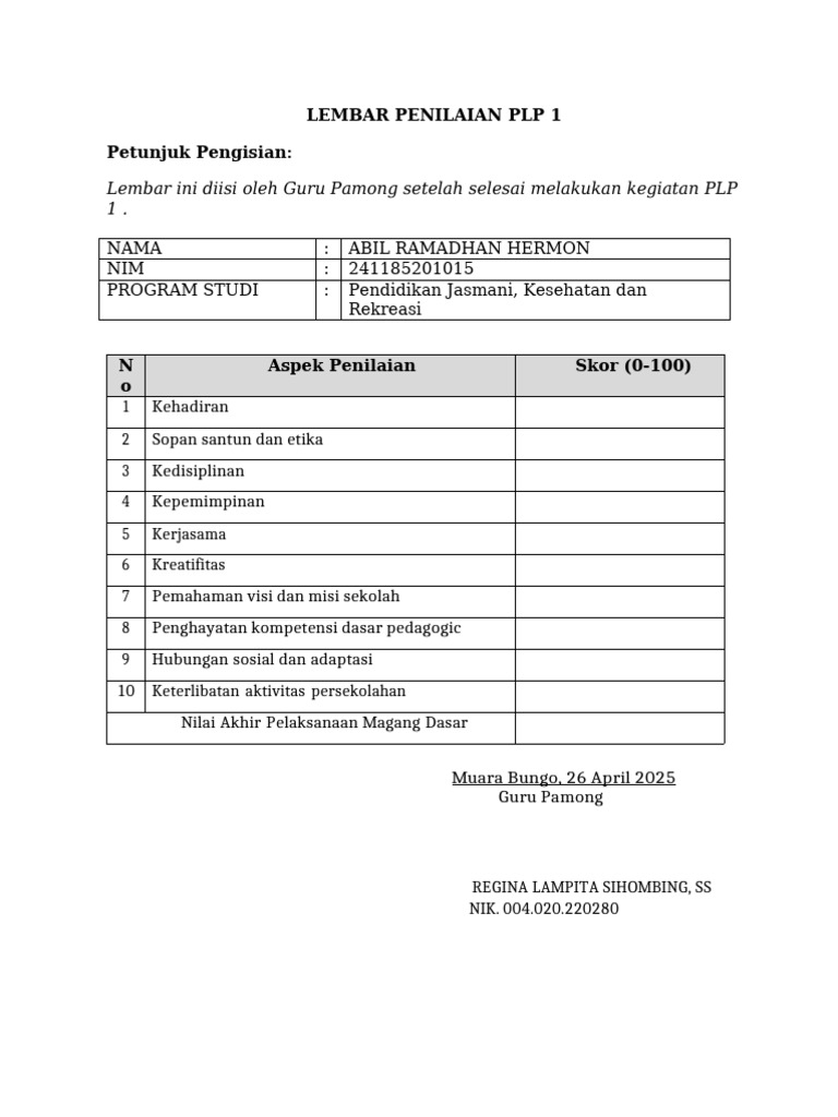 Lembar Penilaian PLP 1 Abil | PDF