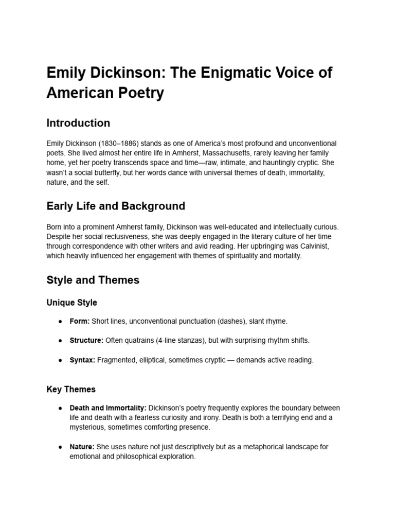 Emily Dickinson - The Enigmatic Voice of American Poetry | PDF | Emily ...