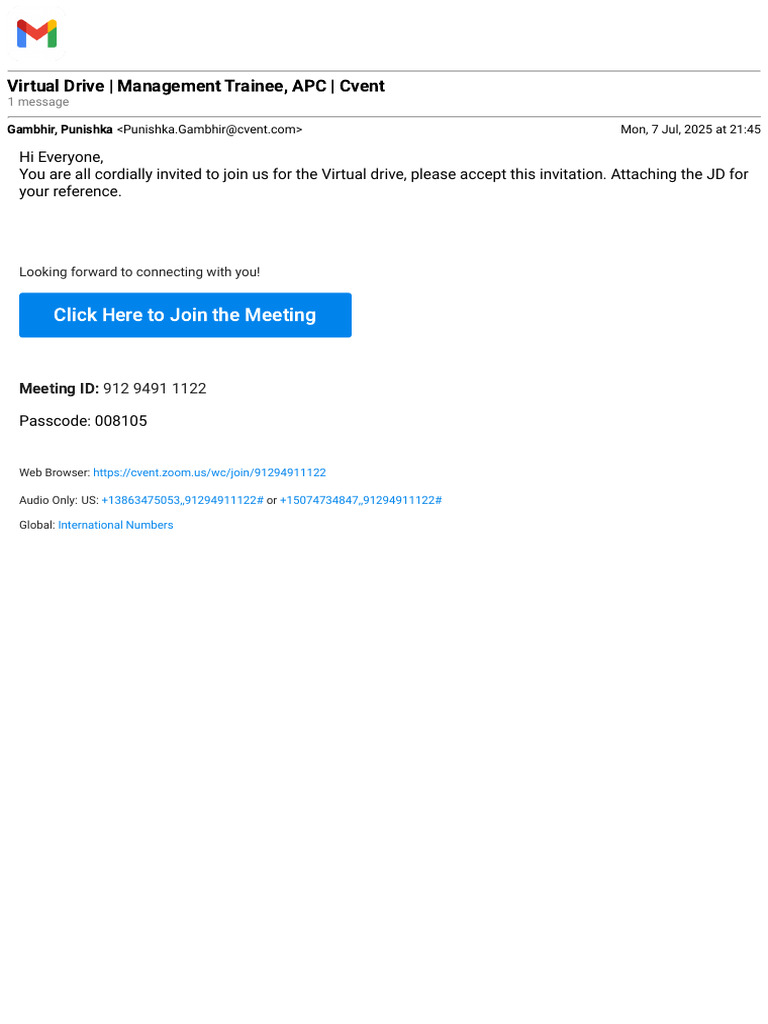 Gmail - Virtual Drive - Management Trainee, APC - Cvent | PDF