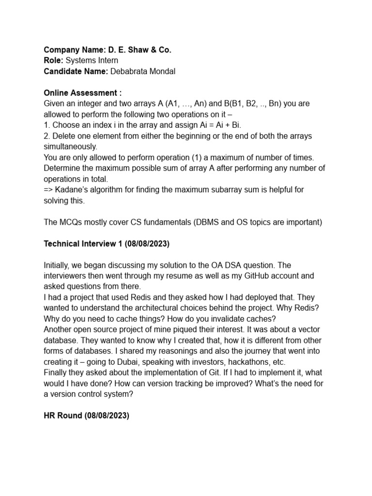D. E. Shaw Intern Interview Insights | PDF | Databases | Applied ...