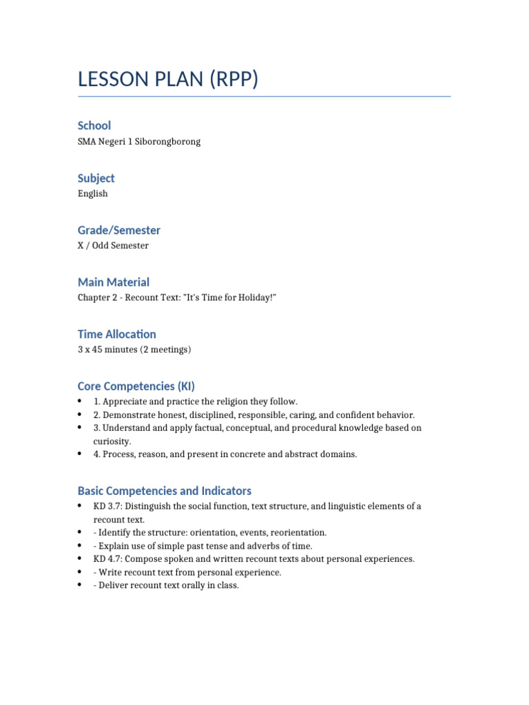 English Lesson Plan: Recount Text | PDF | Fluency | Human Communication