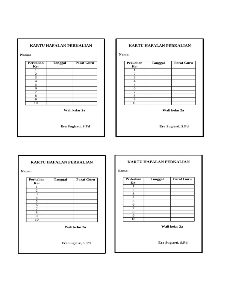 Kartu Hafalan Perkalian Kelas 2 | PDF