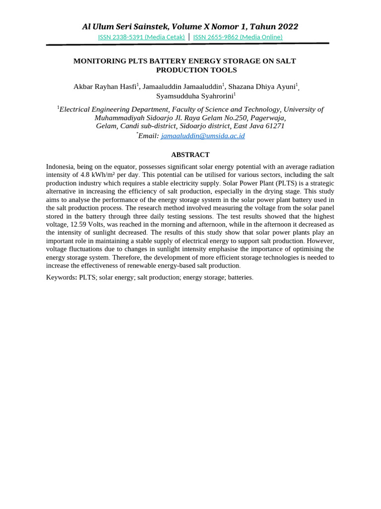 Monitoring Plts Battery Energy Storage On Salt Production Tools | PDF | Solar Panel | Energy Storage