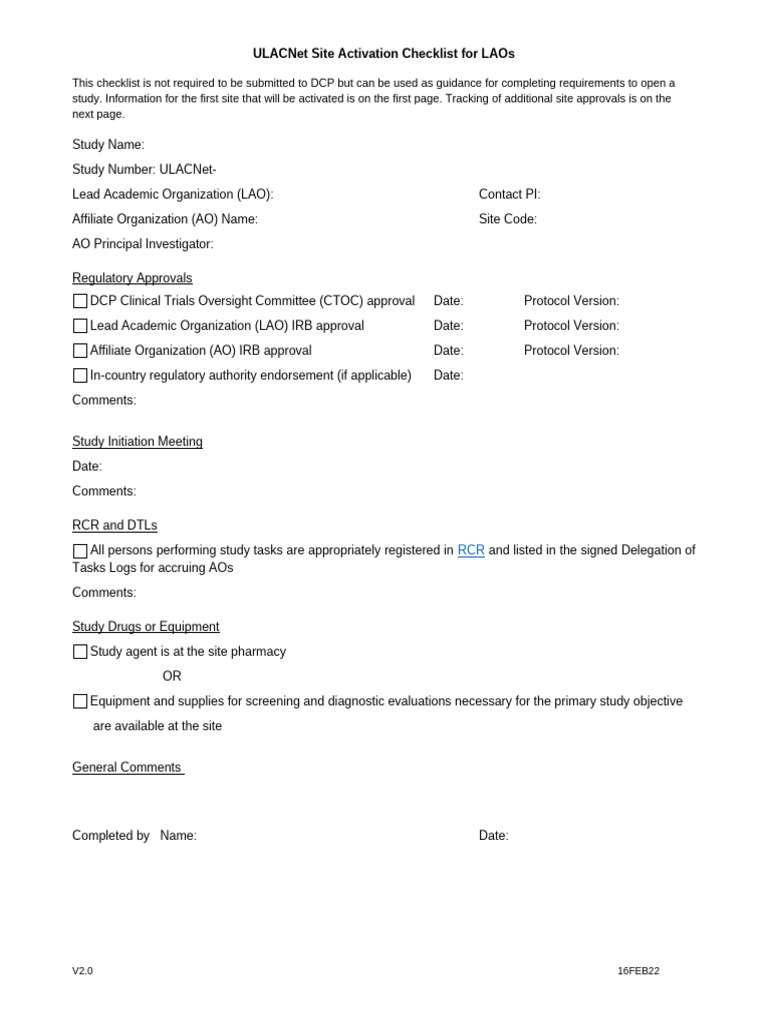 ULACNet Site Activation Checklist | PDF | Institutional Review Board | Medicine