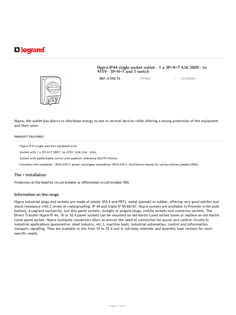 Hypra IP44 Single Socket Outlet - 1 X 3P+N+T 63A 380V To 415V 3P+N+T ...