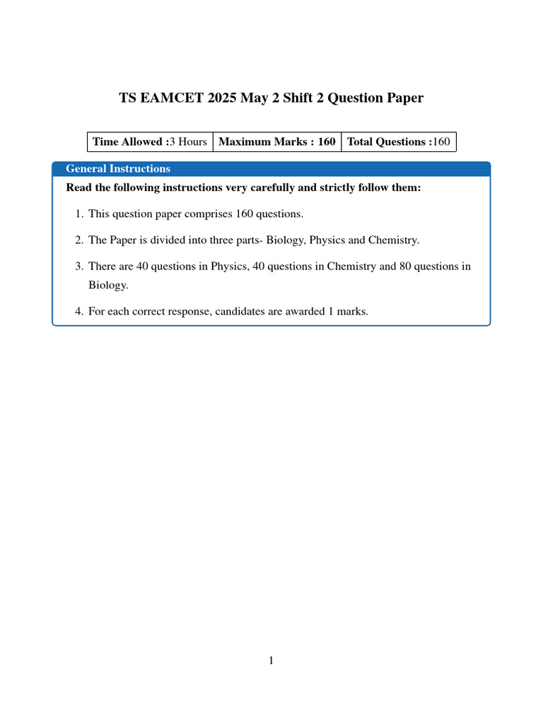 TS EAMCET 2025 Shift 2 Question Paper | PDF