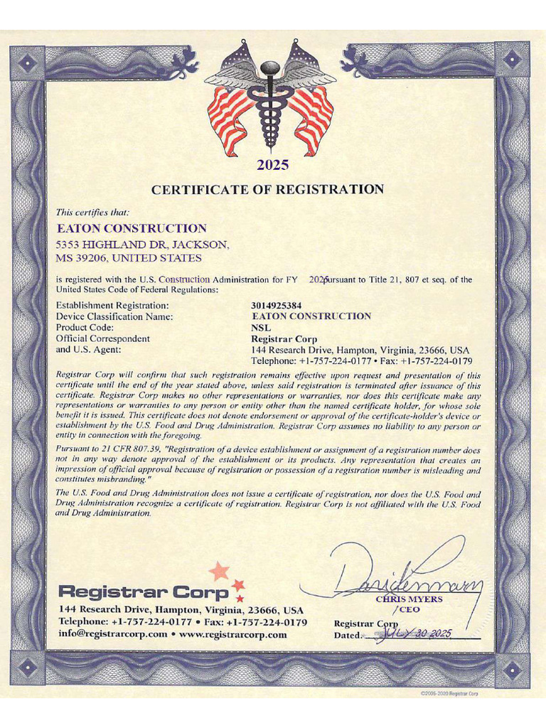 Eaton Construction Registration Certificate | PDF