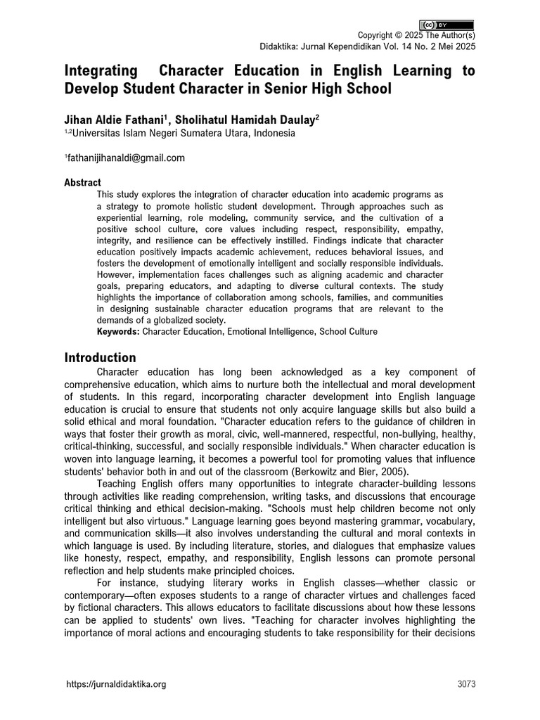 Integrating Character Education in English Learning To Develop Student ...