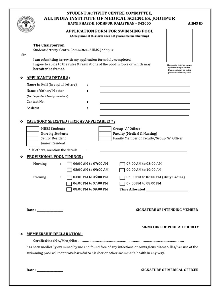 AIIMS Jodhpur Swimming Pool Application | PDF | Swimming